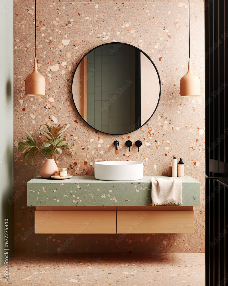 White ceramic round vessel sink on green terrazzo counter. Wooden ...