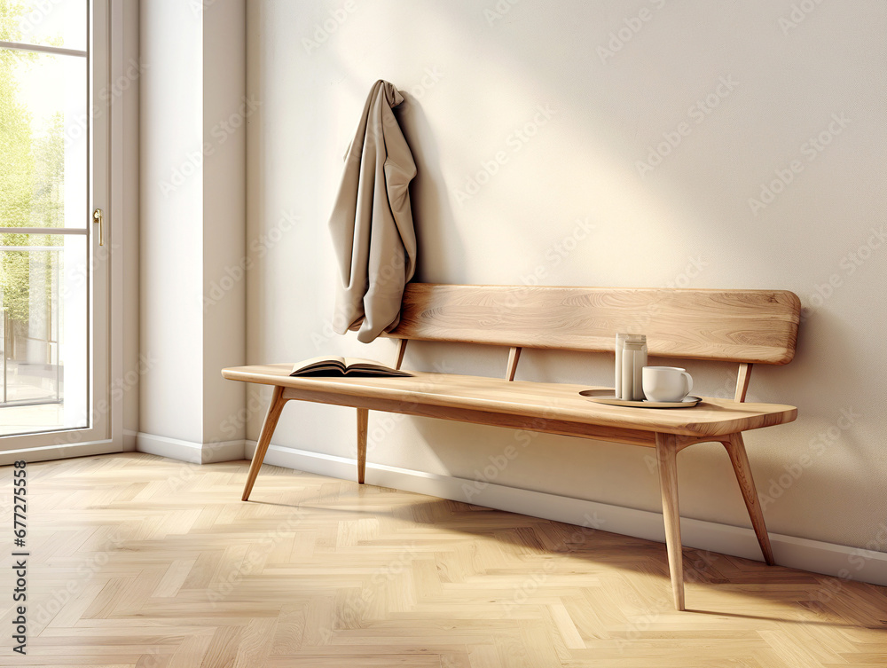Wooden rustic bench on parquet floor near beige wall with copy space ...