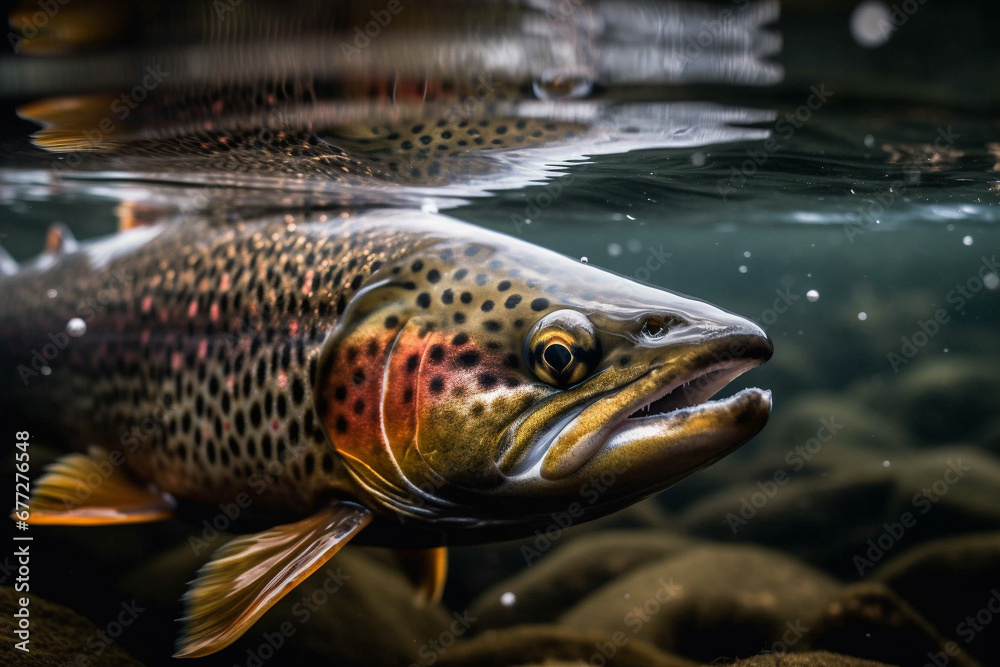 Dive into the aquatic world as a big trout fish gracefully swims ...
