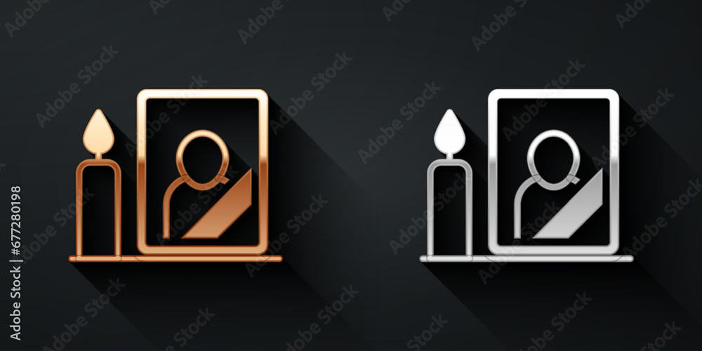 Gold and silver Mourning photo frame with black ribbon icon isolated on ...
