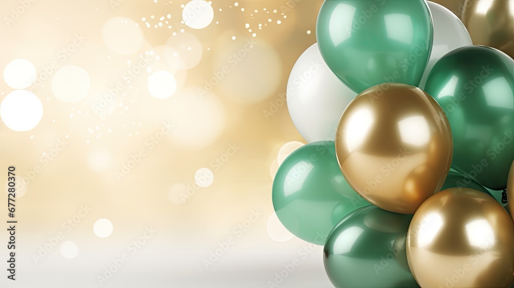 a bunch of green and gold balloons in front of a gold and white blurry background with a boke of ...