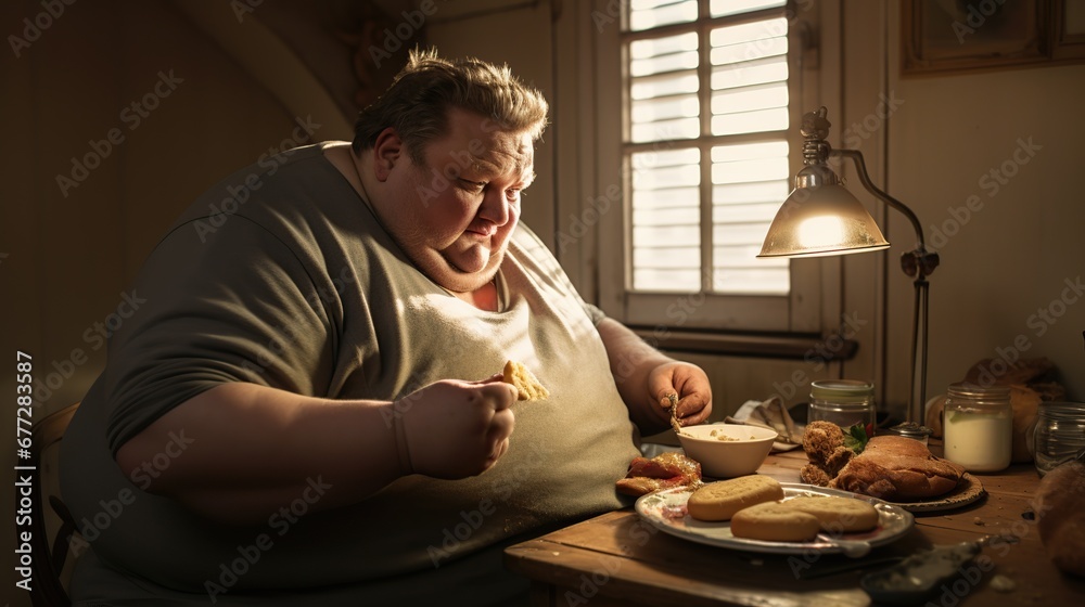 Fat man eat food. Exaggerated presentation of a greedy fat man eating ...