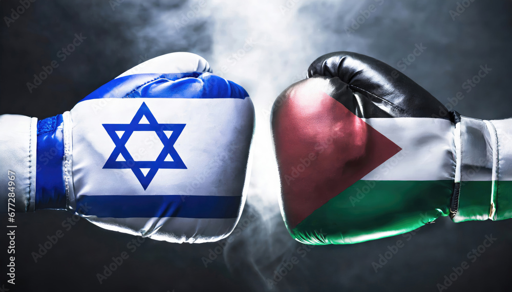Flags of Israel and Palestine on Boxing Gloves Face Off in the Ring ...