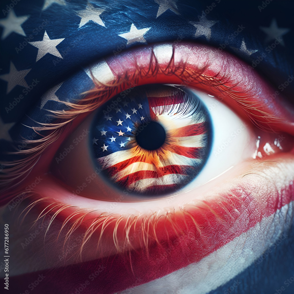 Painted Face Close-Up Focus Open Eye Eyeball with the US Symbol United ...