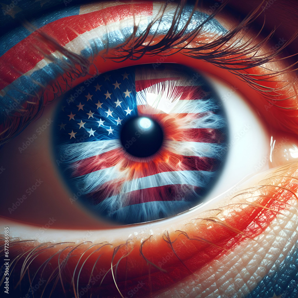 Painted Face Close-Up Focus Open Eye Eyeball with the US Symbol United ...