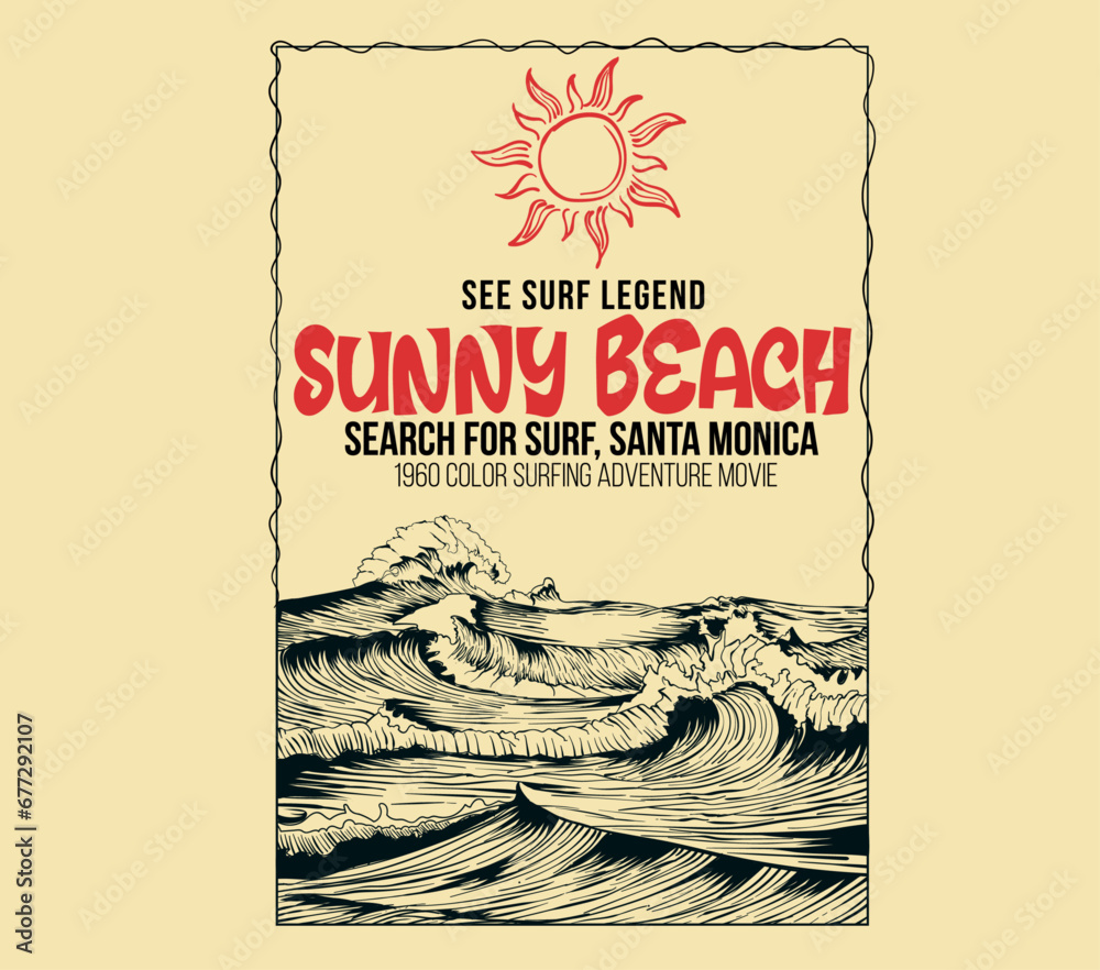 sunny beach poster illustration, line water waves vector, Vector sea ...