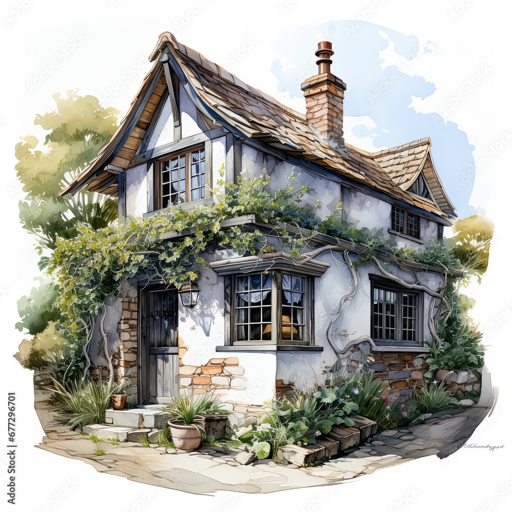 watercolor Cornish Cottage clipart, Generative Ai Stock Illustration ...