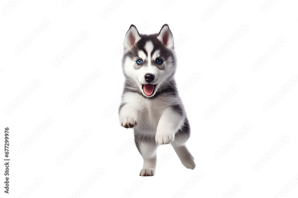 Siberian Husky dog puppy jumping on transparent background white ...