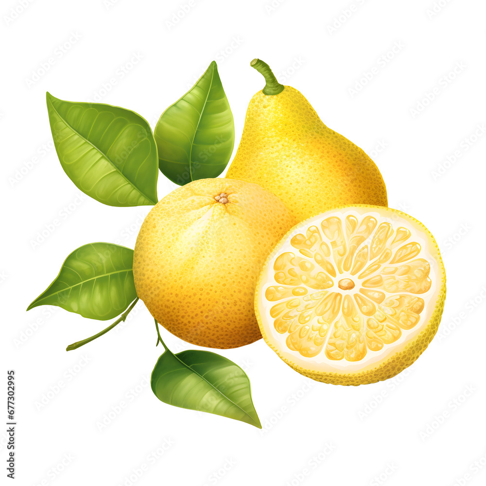 Illustration of a whole and sliced Ugli Fruit (Jamaican tangelo) with a ...