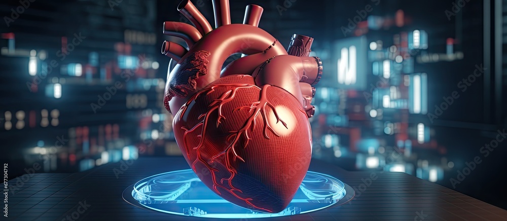 3D model of a heart with medical symbols in virtual reality Copy space ...