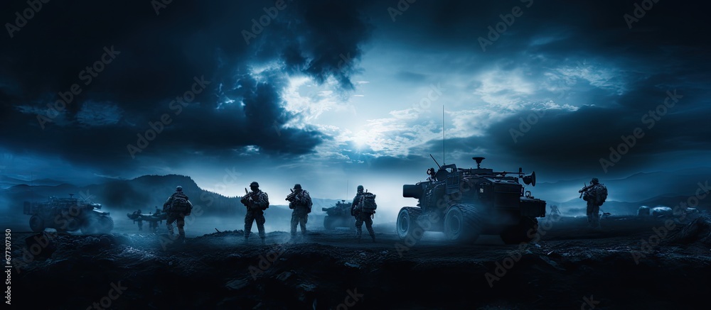 Battle scene depicting soldiers fighting below a foggy sky with an ...