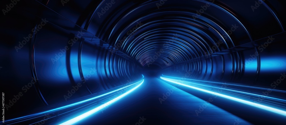 Brightly lit fuel blue conduit in dim passage Copy space image Place ...