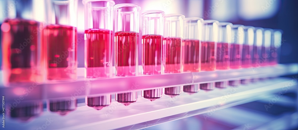 Blurred image of red and pink liquid medicine in a test tube on a ...