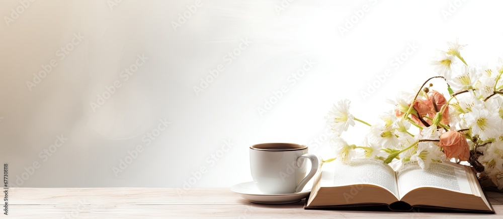 Christian themed table setting with Bible coffee cup flowers and room ...