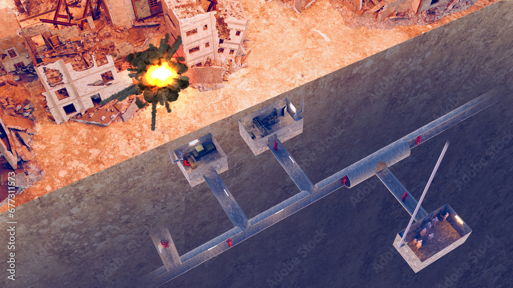 Middle Eastern city, buildings bombed end destroyed. Military ...