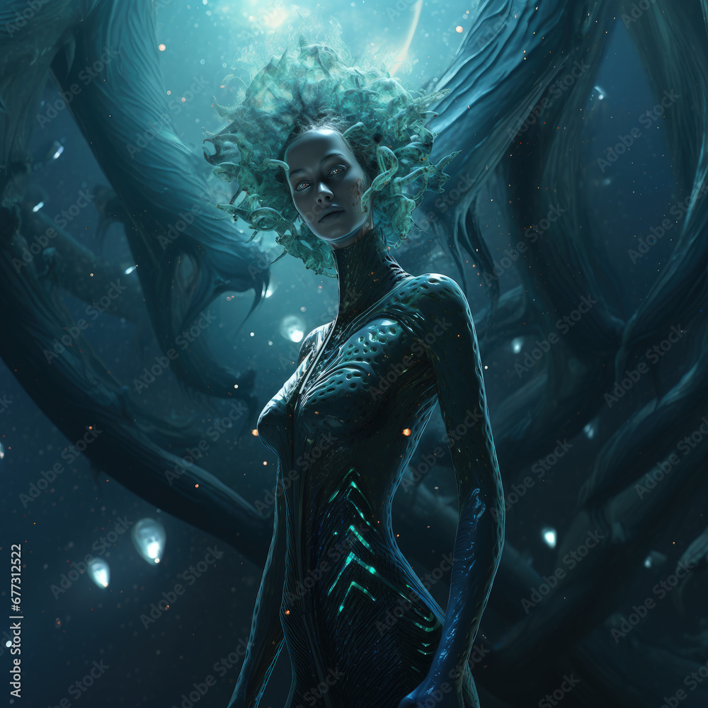 alien woman in space with a space ship in the background, in the style ...