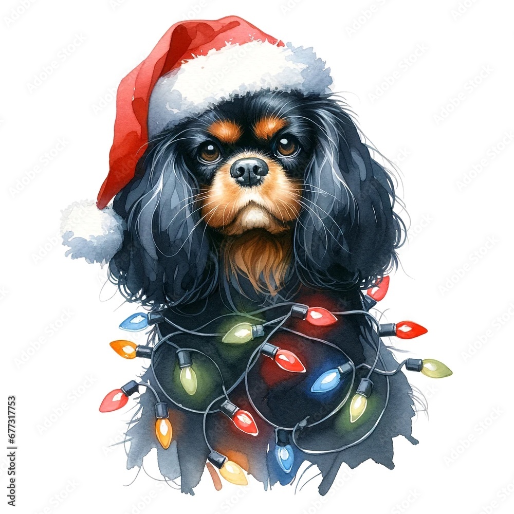Christmas cavalier in santa hat wrapped in christmas lights created ...