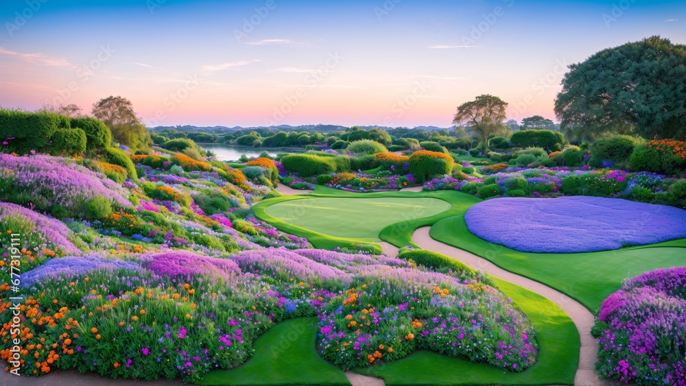 Candy color park. A wide park scenery with golf lawn, flowers in purple ...