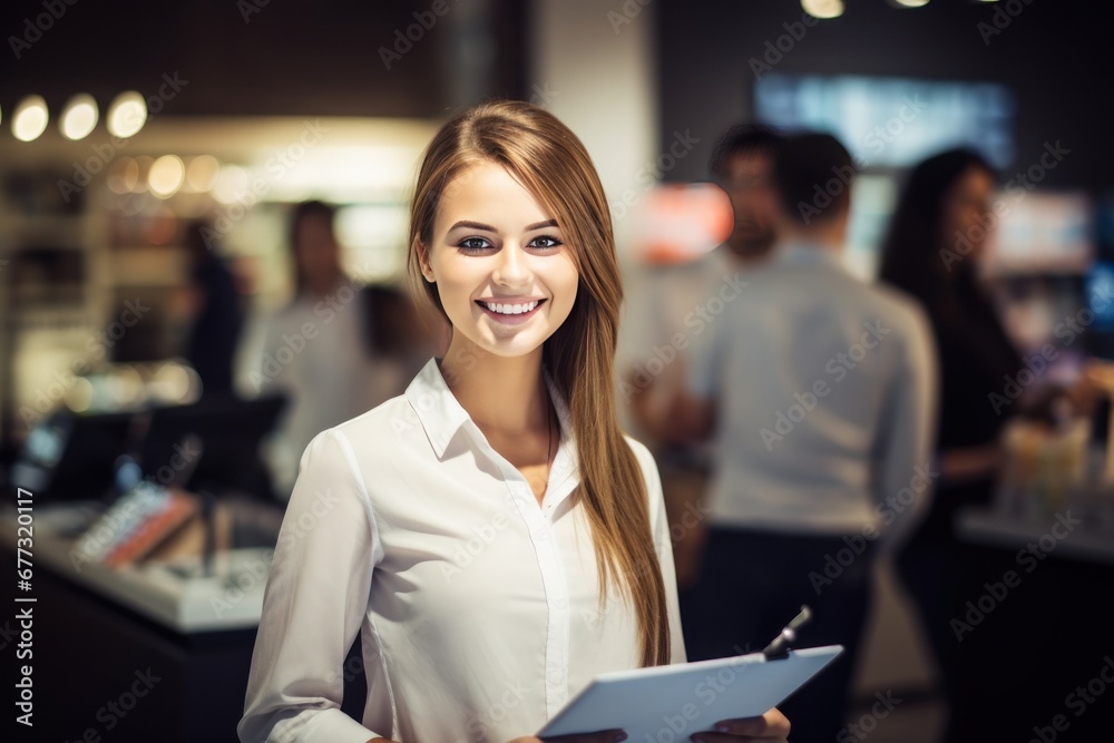 Joyful saleswoman with loose hair widely smiles standing behind counter ...