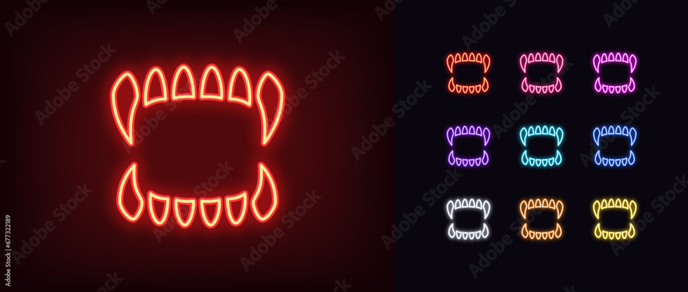 Outline neon fangs icon set. Glowing neon monster teeth with sharp ...