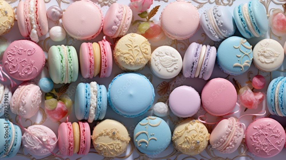 a bunch of macaroons that are sitting on a white and gold platter with ...