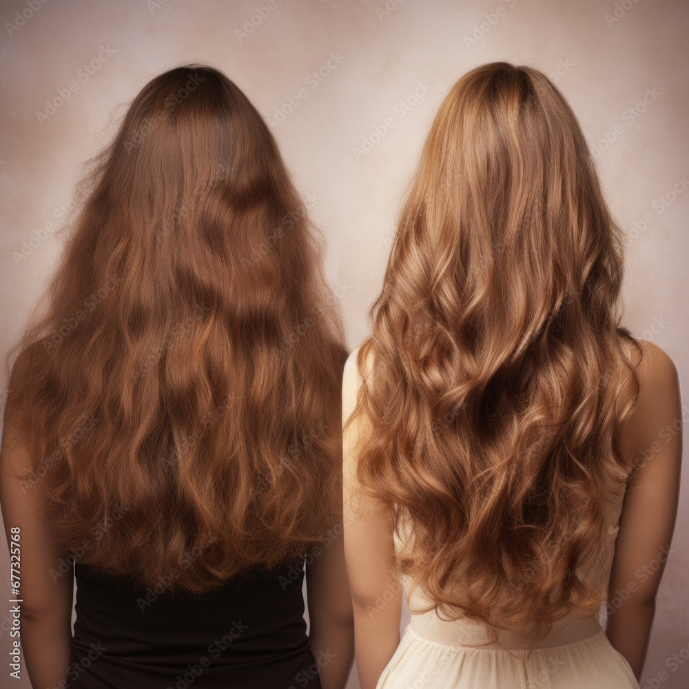 Two images of a woman with long hair, captured from behind. The initial ...
