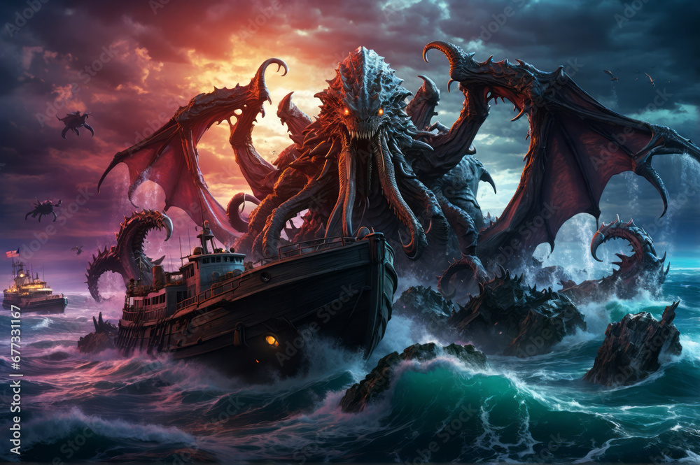 Cthulhu the giant sea monster destroying ships. Stock Illustration ...