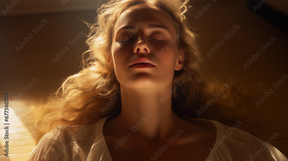 Young woman portrait with experiencing pleasure. facial expression ...
