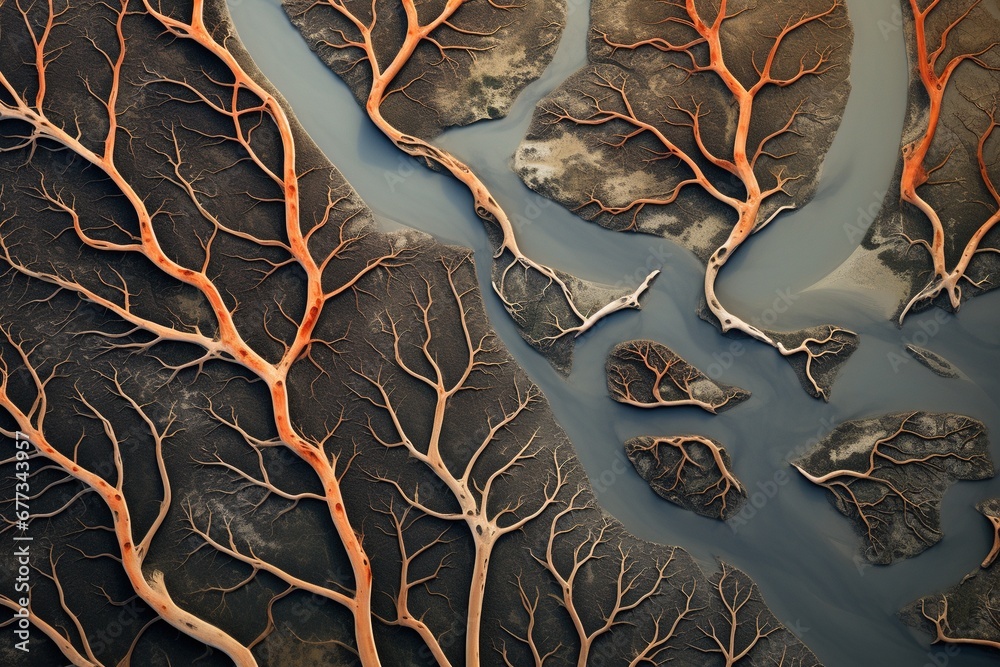 Bird's-eye view of river delta, branching patterns Stock Photo | Adobe ...