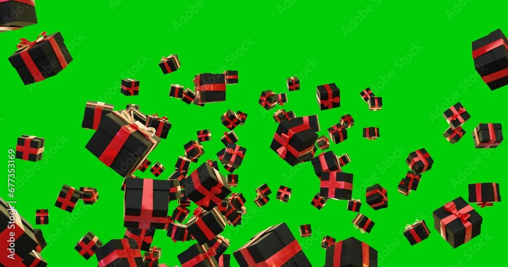 Gift boxes exploding, flying and falling on green screen background ...