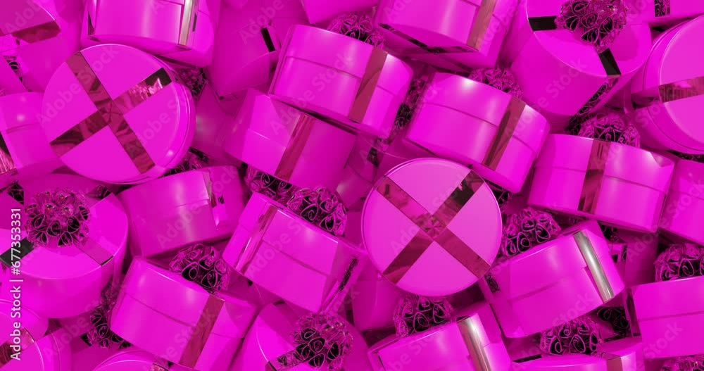 Falling gift boxes fill the screen. Background for advertising. Pink ...