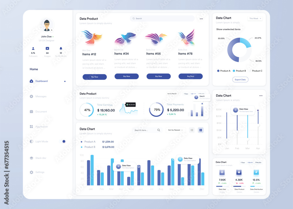 UI UX Infographic dashboard. UI design with graphs, charts and diagrams ...