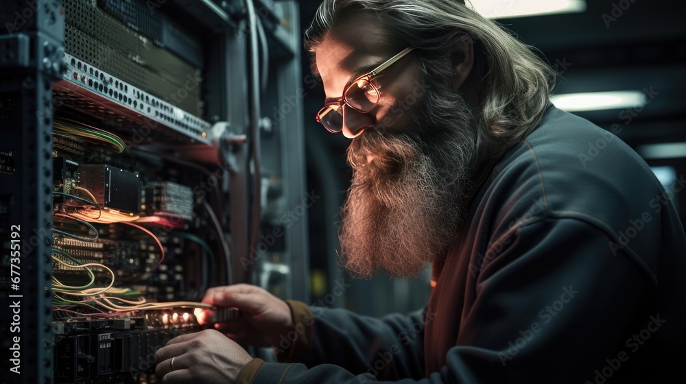 A young man connects cables in a network server room. An IT engineer ...