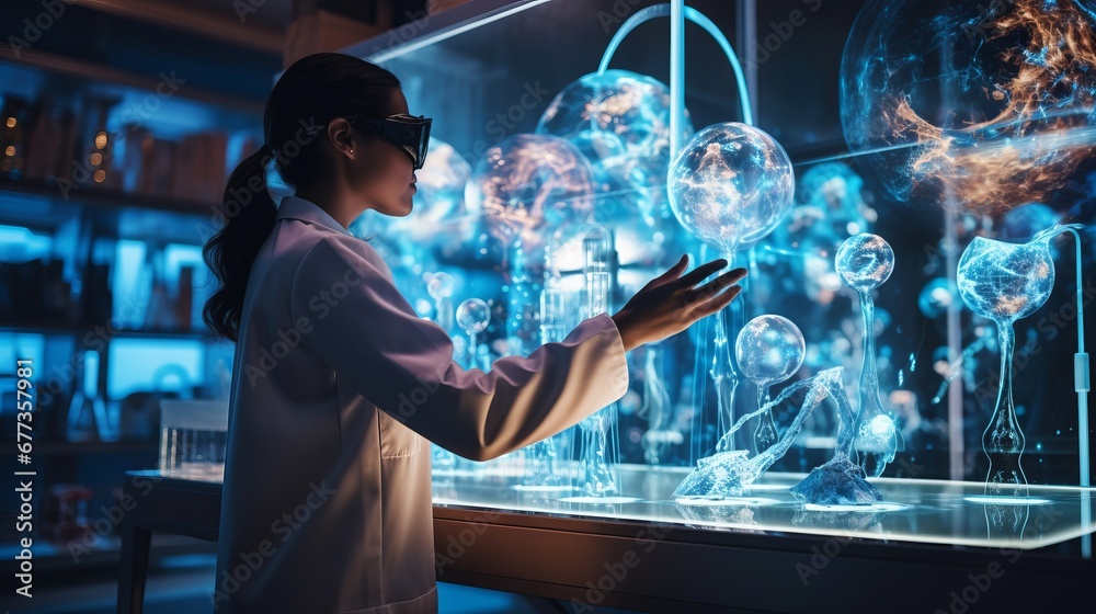 scientist in a high tech lab, working with a 3d holographic interface ...