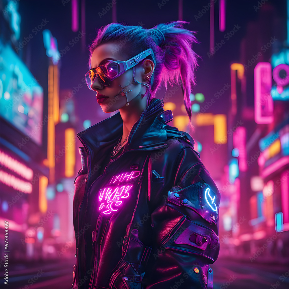 Woman in the style of iconic cyberpunk culture in city with neon lights ...