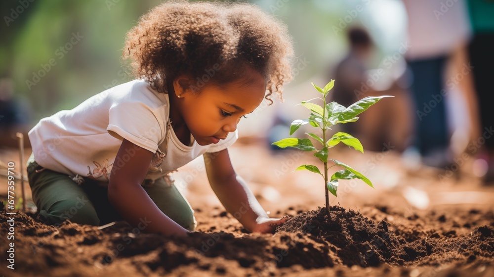 Child planting a sapling in soil, focusing intently on the young plant ...