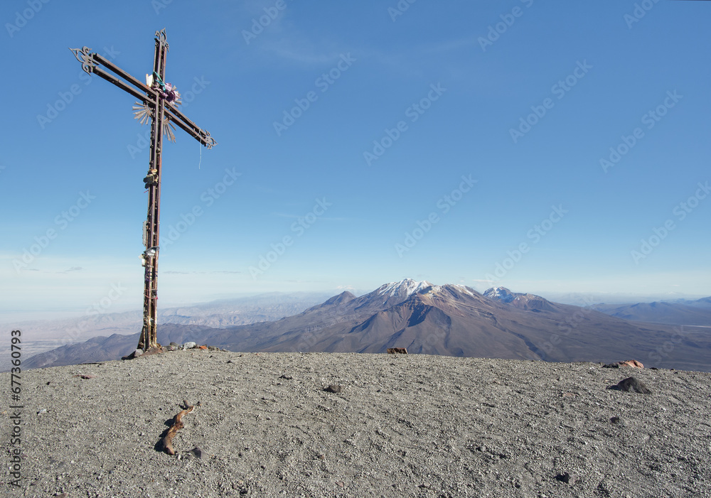 View of the enormous cross made of train tracks located at the summit ...