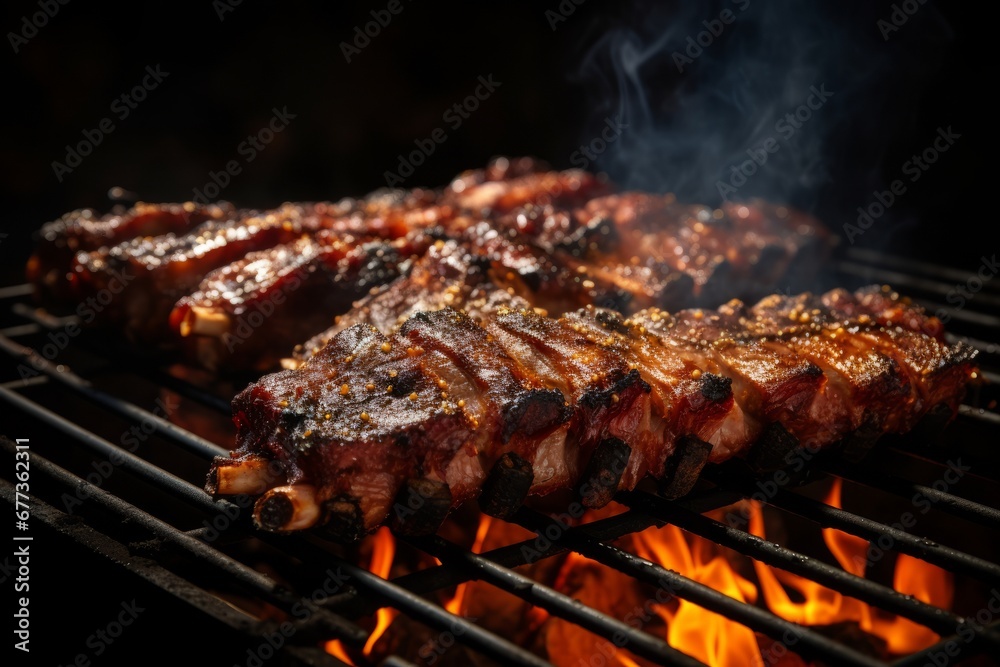 delicious tasty american style pork ribs with bbq sauce on the grill ...