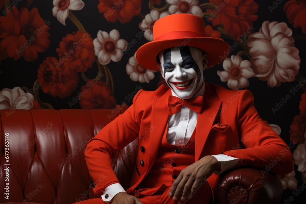Classic clown portraiture; rich in jovial red mysterious black and ...