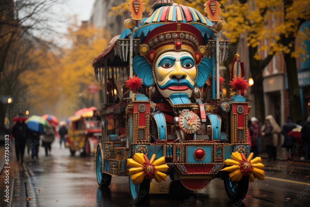 Festive circus parade floats captured in stunning crimson radiant ...