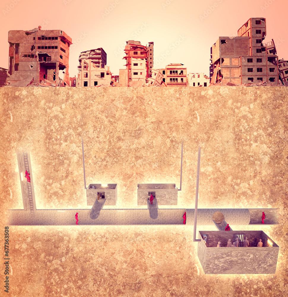 Middle Eastern city, buildings bombed end destroyed. Military ...