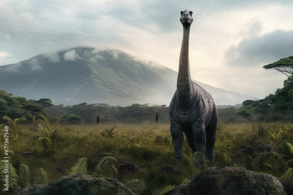 Dinosaur in prehistorical environment with volcanos and clouds. Stock ...