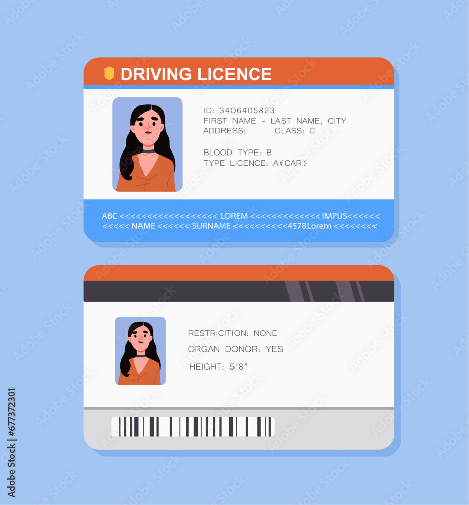Driving licence template. Document for female driver. Woman avatar at ...