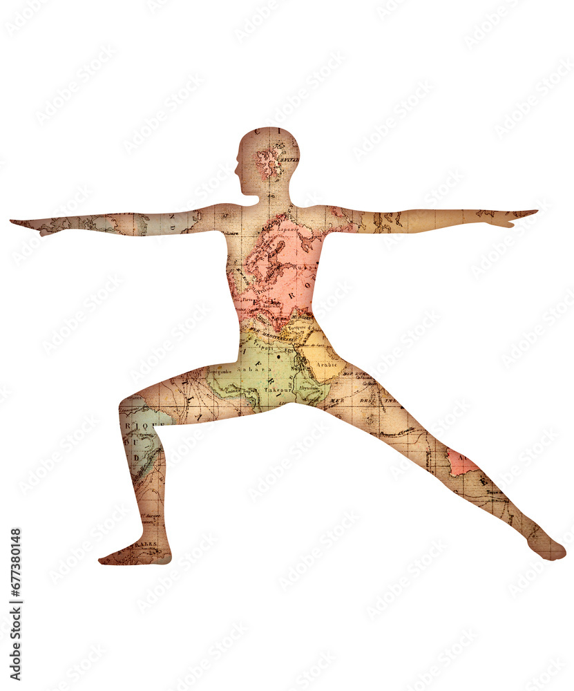 yoga illustration with an ancient world map, yoga pose silhouette ...
