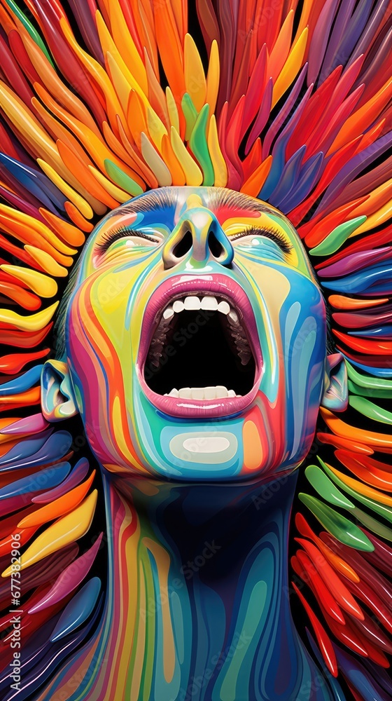 Vivid, distorted face displaying a spectrum of colors, symbolizing the ...