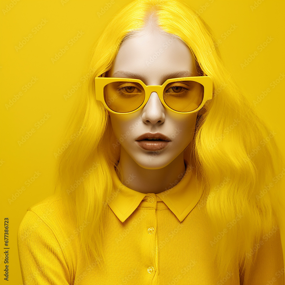 Yellow color, portrait of a young beautiful girl with long yellow hair ...