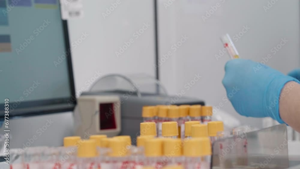 Nurse closing the lids of test tubes filled with blood samples for ...