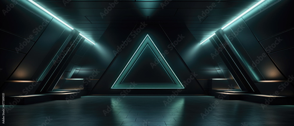 Futuristic room background, panorama of dark stage with neon low ...