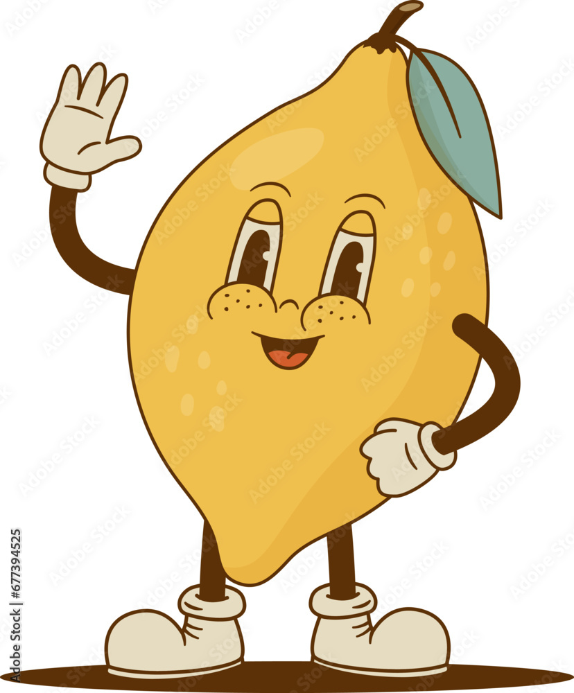 Funny retro cartoon lemon character. Smiling citrus fruit mascot vector ...