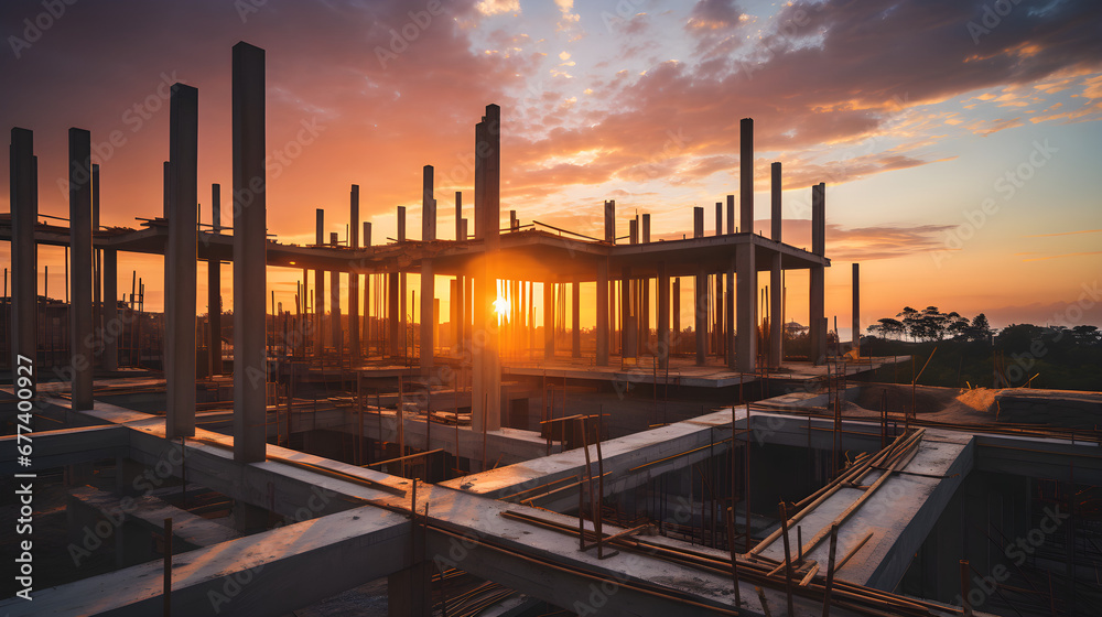 Large residential buildings are constructed at the construction site ...